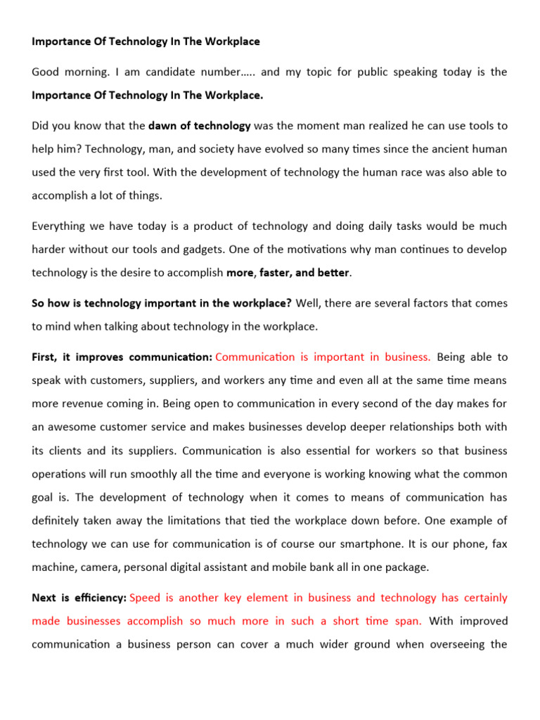 Importance of Technology in The Workplace | PDF | Communication | Internet
