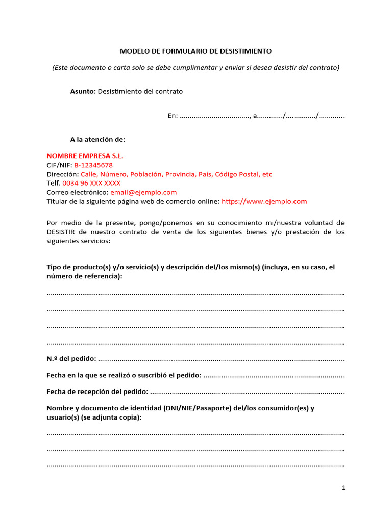 Modelo Formulario Desistimiento | PDF | Los consumidores | Correo