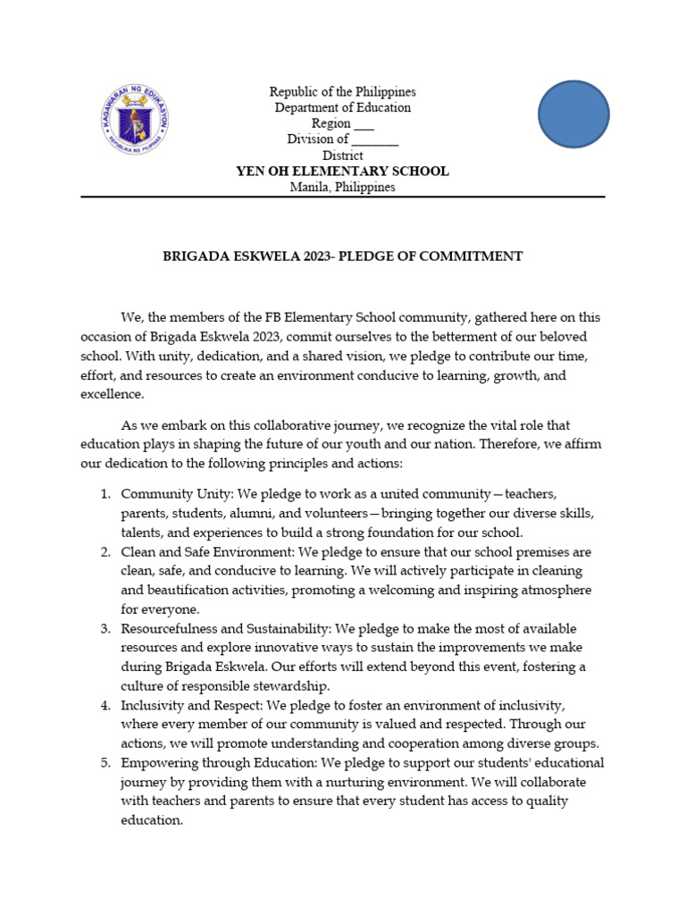 Brigada Eskwela 2023 Commitment Pledge | PDF | Career & Growth | Social ...