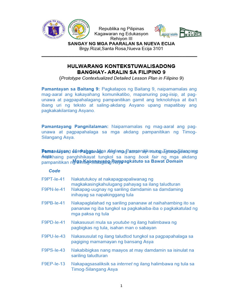 DLP Filipino 9 First Quarter | PDF