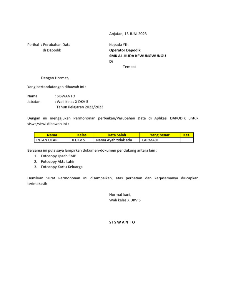 SUrat PEngantar Permohonan Perubahan Data Dapodik | PDF