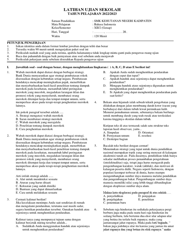 Latihan Soal US Bhs Indonesia Kelas XII | PDF | Karier & Perkembangan | Seni & Disiplin Bahasa