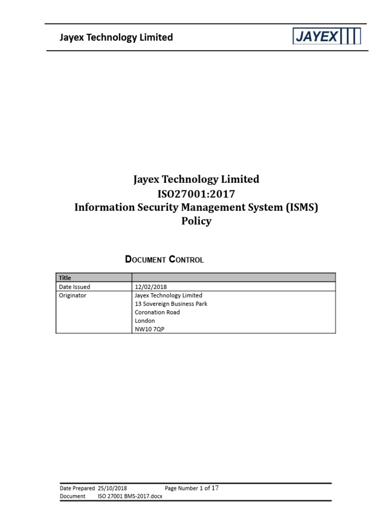 ISO 27001 BMS-2017 - ISO 27001 BMS-2017 - Document Jayesh Technologies ...