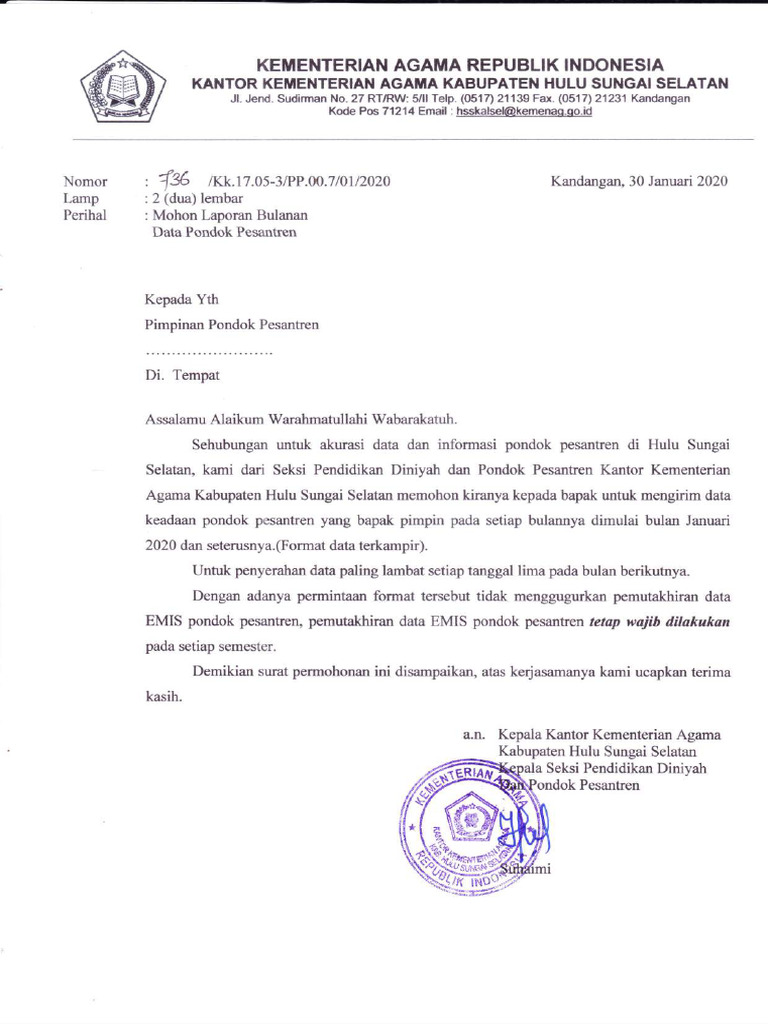 Surat Pengantar Laporan Pondok Pesantren | PDF