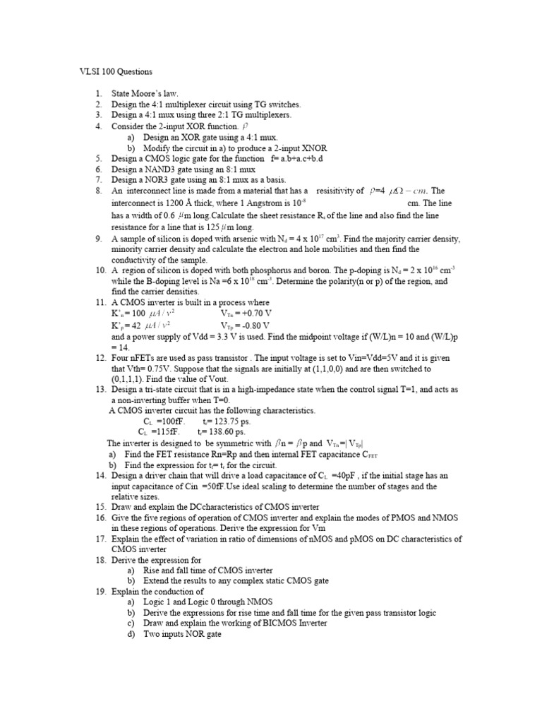 VLSI 100 Questions | PDF | Cmos | Logic Gate