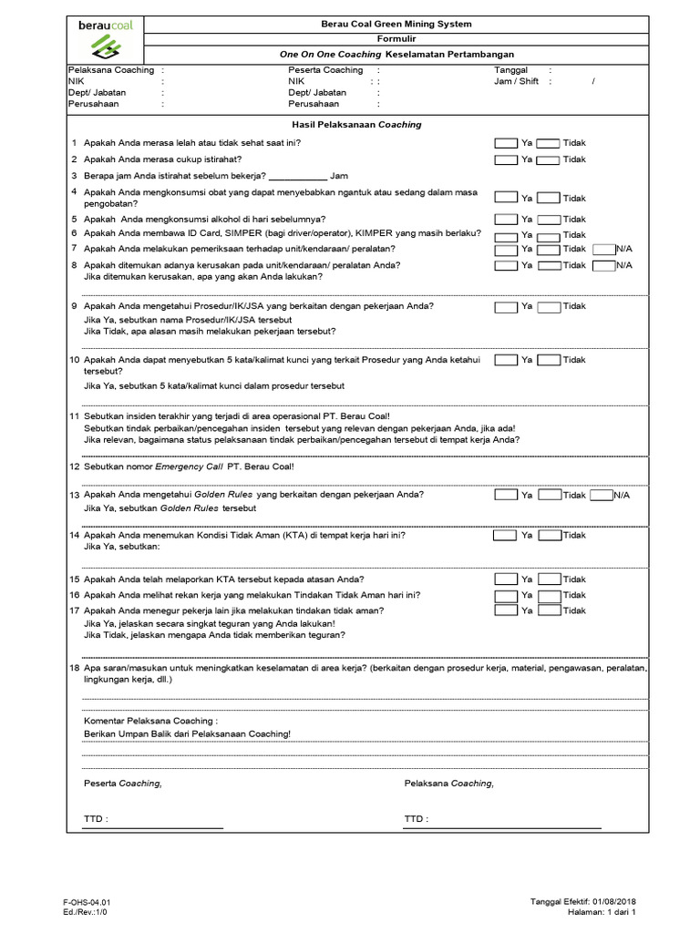F-OHS-04.01 - Formulir One On One Coaching Keselamatan Pertambangan | PDF