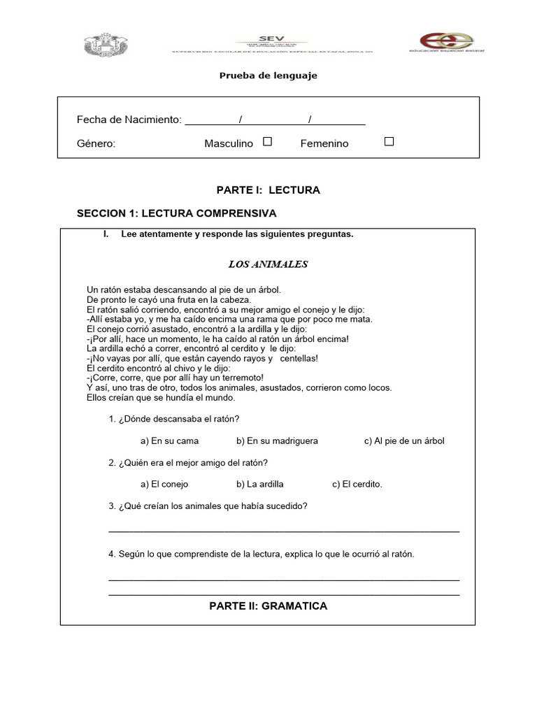 Prueba de Lenguaje y Gramática Infantil | PDF | Lingüística