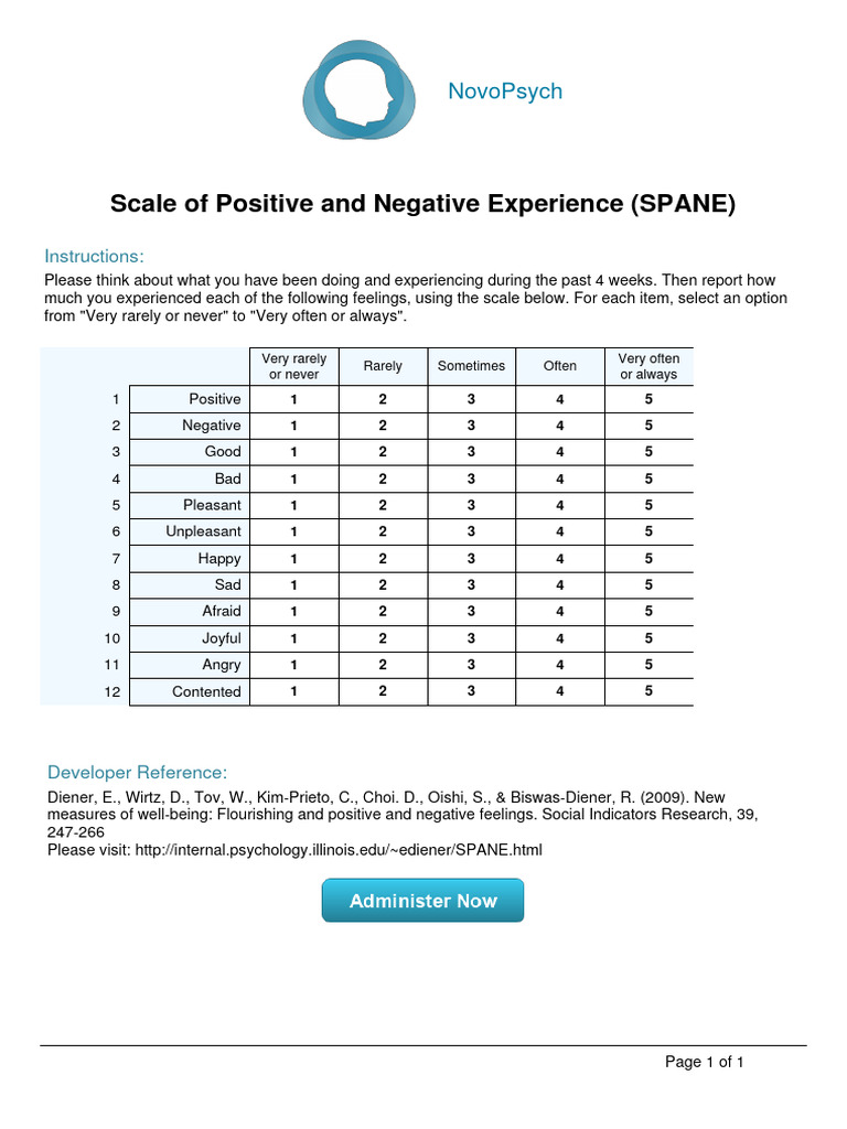 Spane Scale of Positive and Negative Experience Assessment | PDF ...