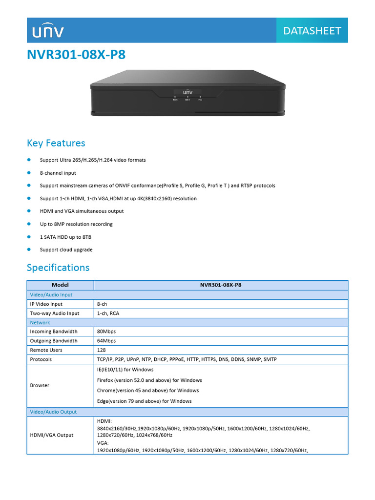 UNV【Datasheet】NVR301-08X-P8 V1.10-EN | PDF | Hdmi | Hard Disk Drive