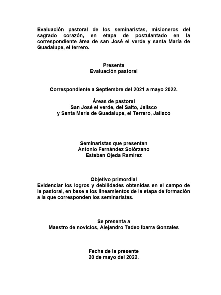 Evaluación Pastoral de Seminaristas | PDF | Evaluación
