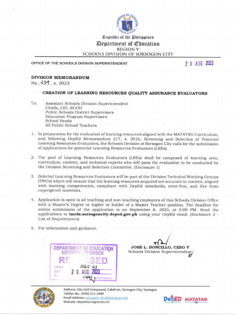 DM2023-239 Creation of Learning Resources Quality Assurance Evaluators ...