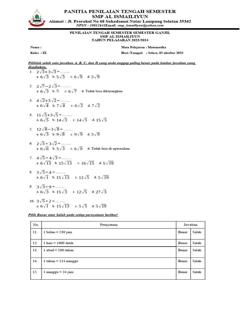 Soal Mid MTK Kelas 9 Ganjil 2023 | PDF | Metode & Bahan Ajar