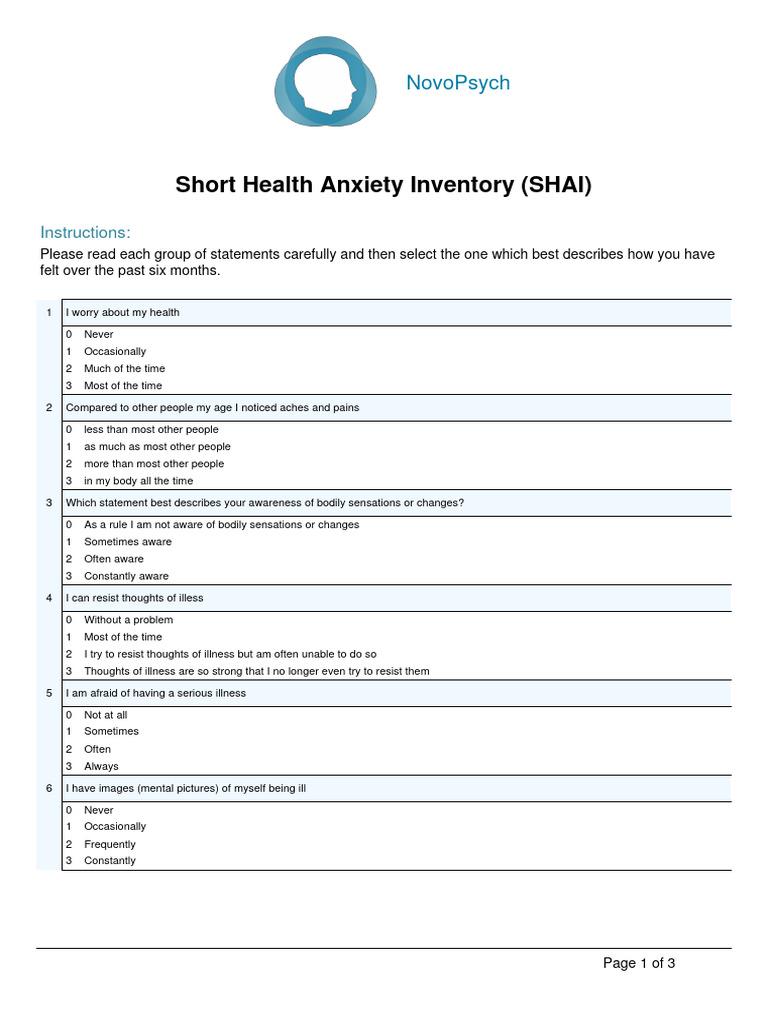 Short Health Anxiety Inventory (SHAI) | PDF | Thought | Mental Health