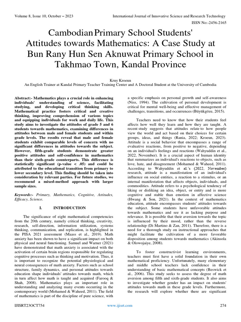 Cambodian Primary School Students' Attitudes Towards Mathematics: A Case Study at Bun Rany Hun ...