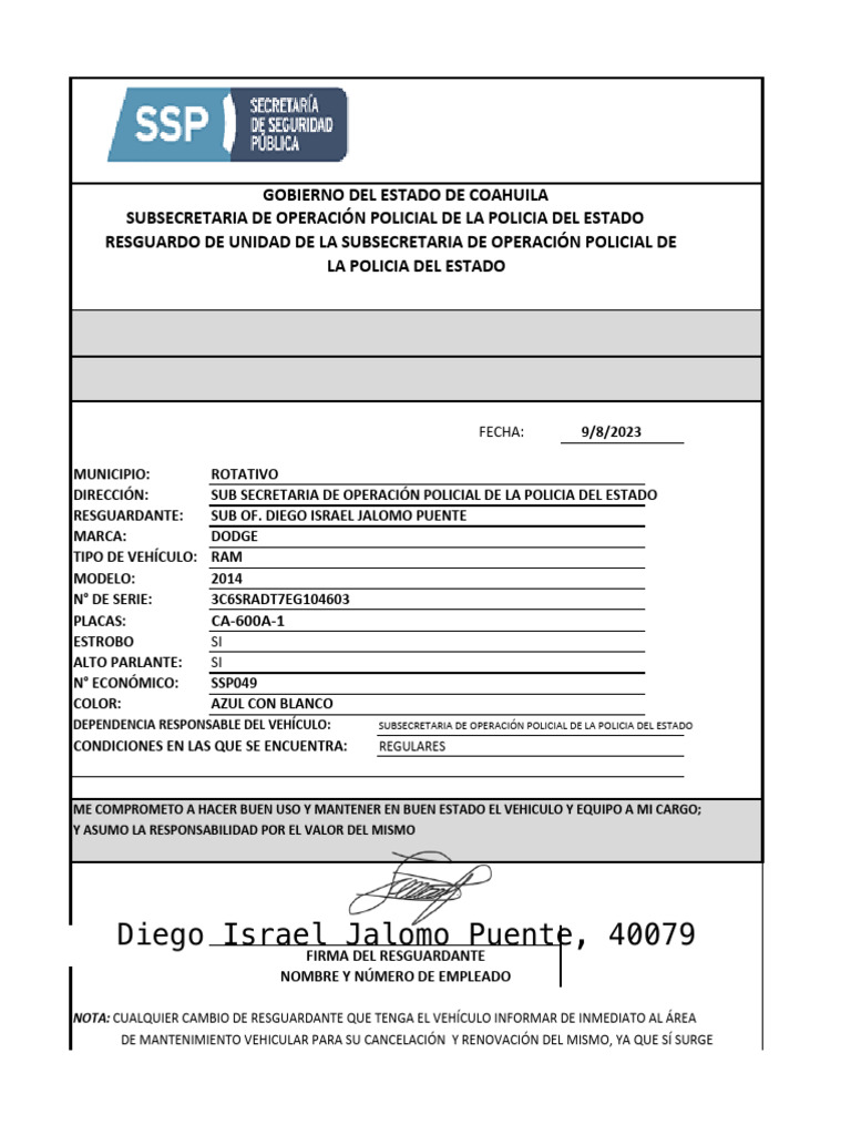 Formato para Resguardo de Unidad Ssp049-1 | PDF