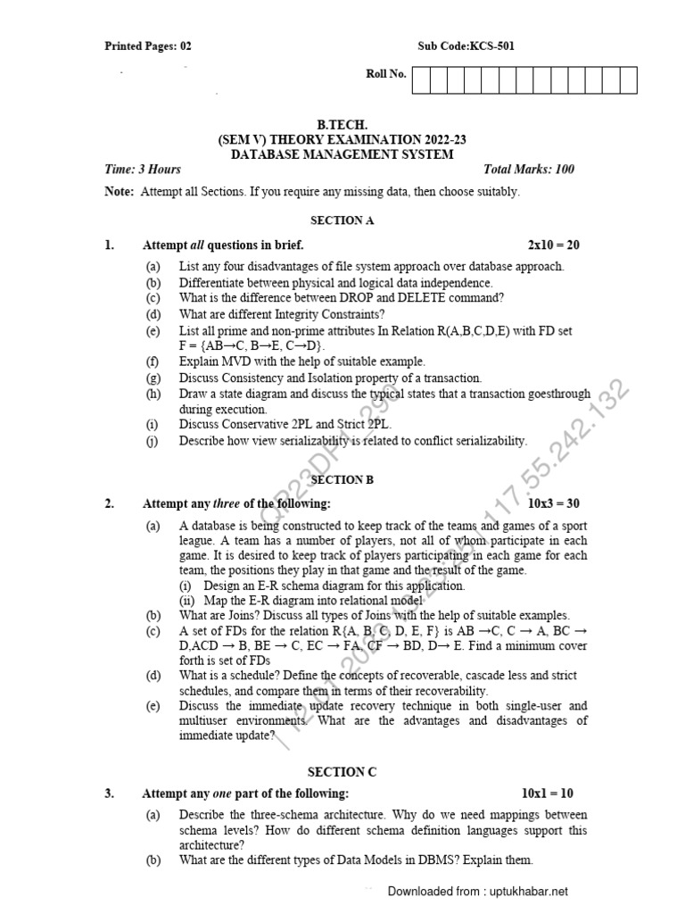 Database Management System KCS501 2022 | PDF