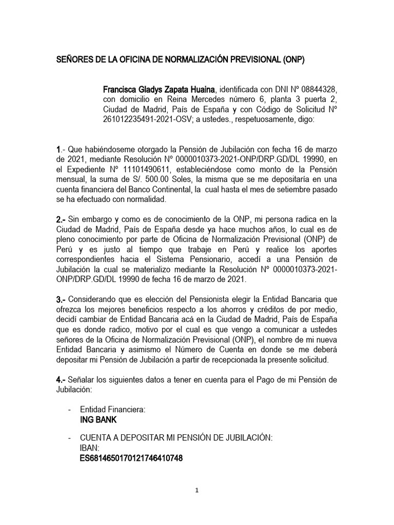 Carta Onp Señora Francisca Zapata | PDF | Bancos | Pensión