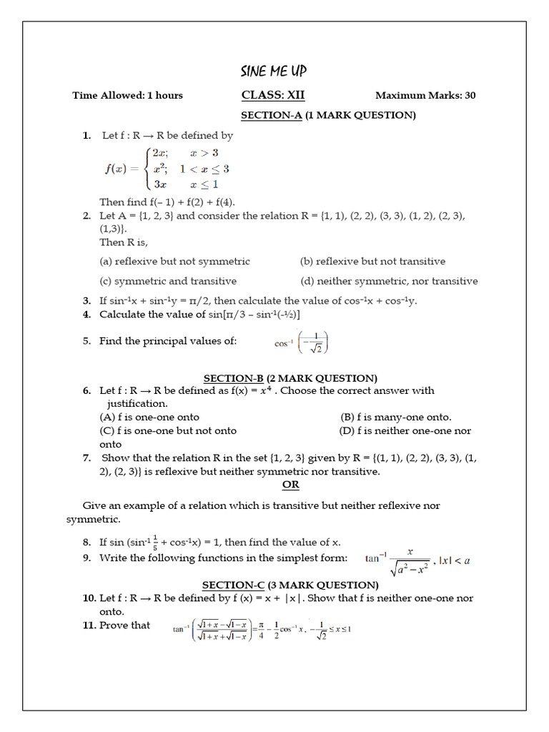 Test 1 Xii | PDF | Mathematical Analysis | Mathematics