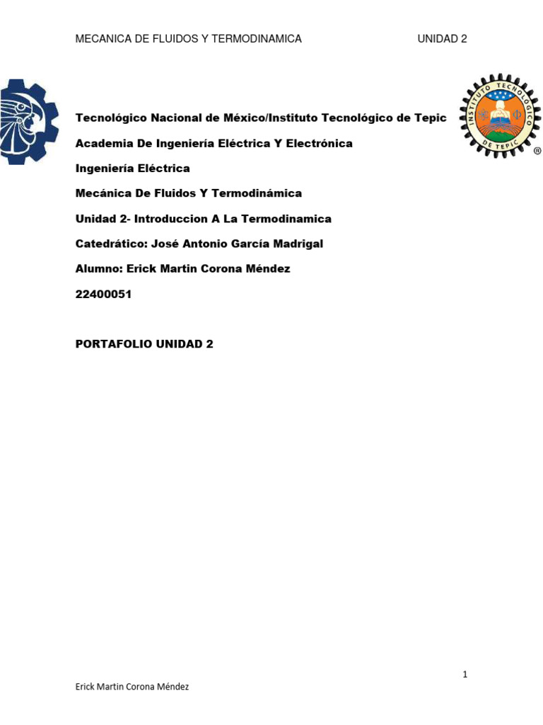 PORTAFOLIO U2;22400051;ERICK MARTIN CORONA MENDEZ;MECANICA DE FLUIDOS;3A;7AM-8AM | PDF ...