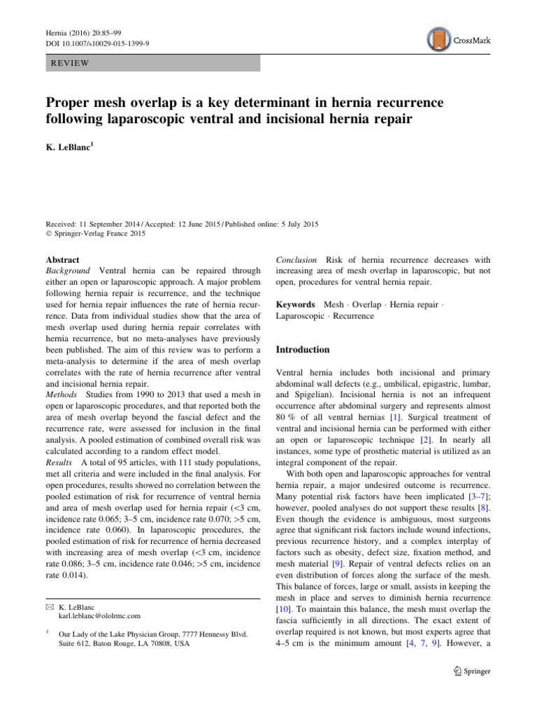 LeBlanc 2016 Proper Mesh Overlap Is A Key Determinant in Hernia ...