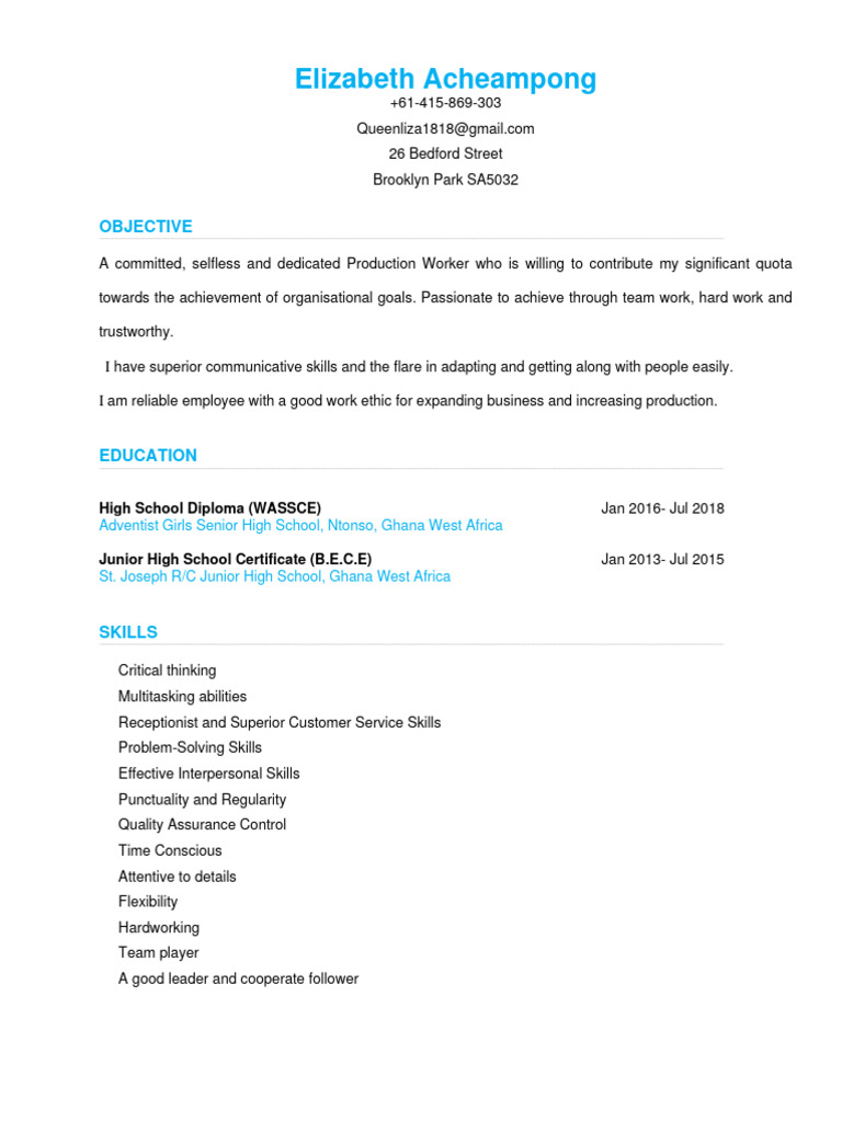 CV - Elizabeth Acheampong - 050911 | PDF | Waiting Staff | Baking