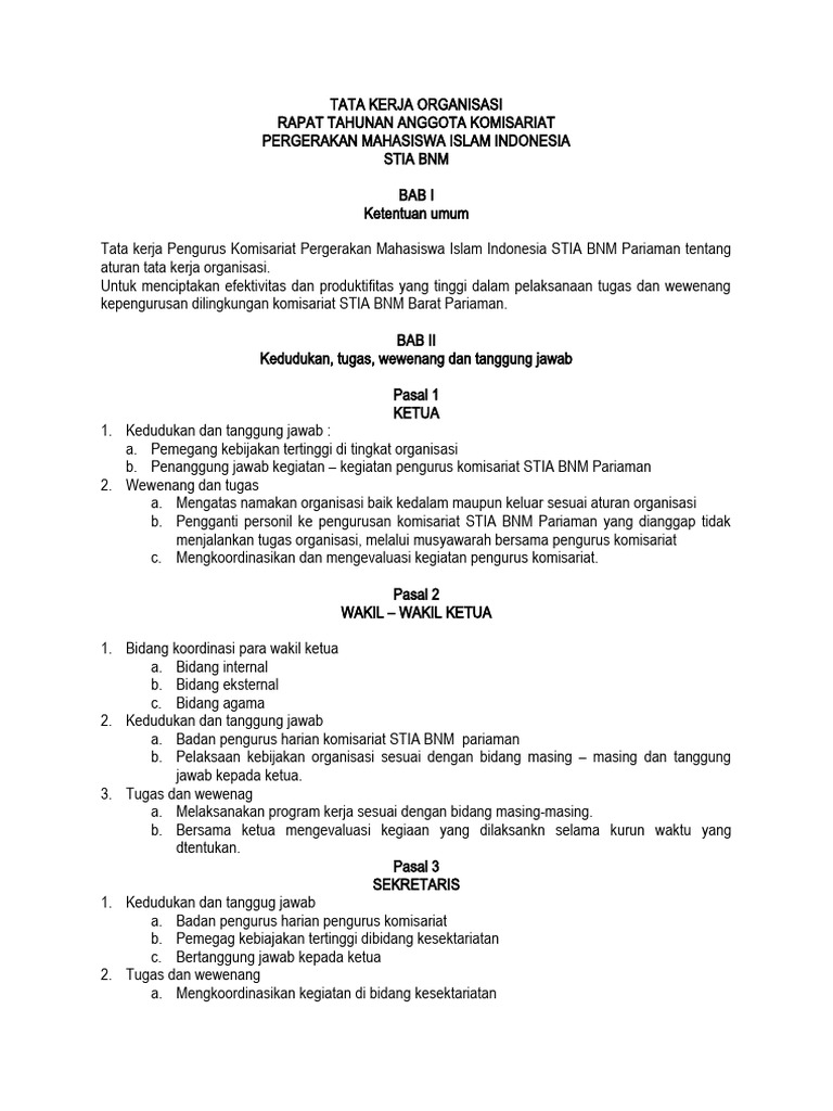 Tata Kerja Organisasi Stia BNM PRM | PDF