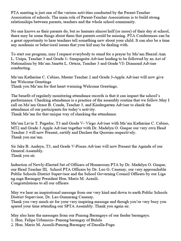 Script Pta Assembly | PDF | The United States | Educational Organizations