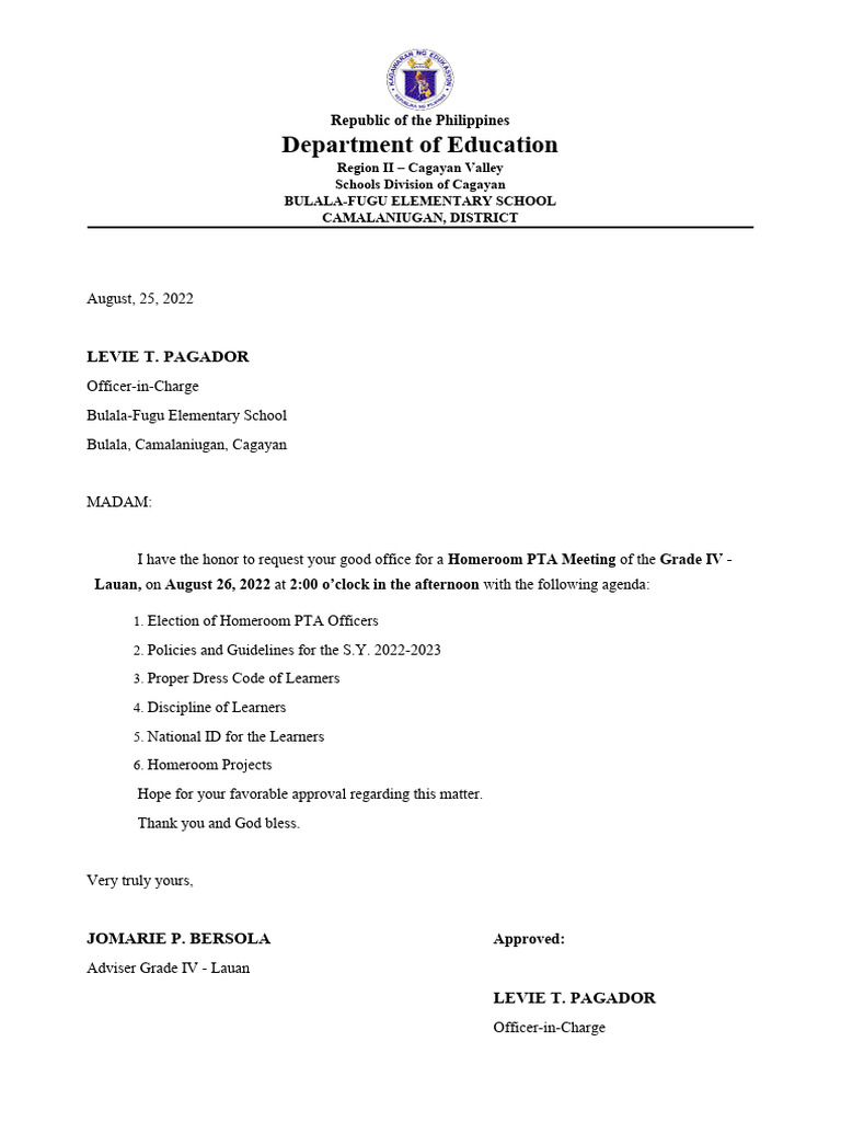 Letter Request For Homerrom PTA Meeting | PDF