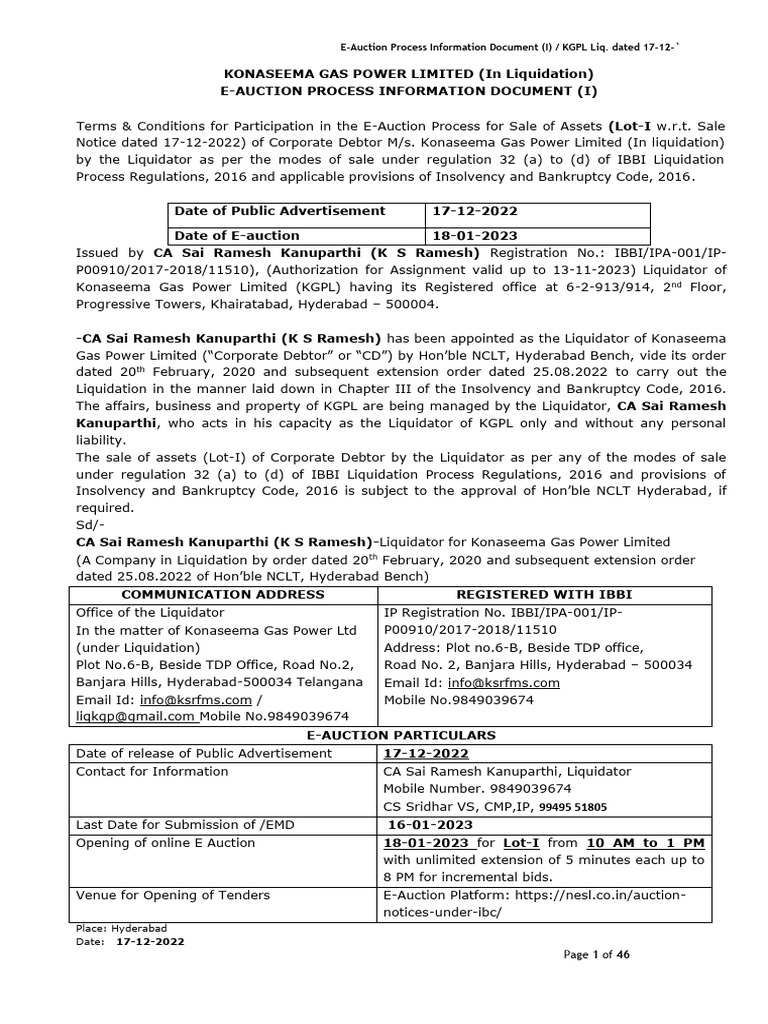 KGPL LOT-I-E-Auction Process Information | PDF | Bankruptcy | Auction