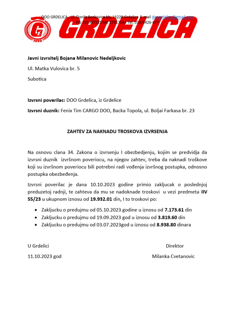 Zahtev Za Naknadu Troskova - Fenix - Tim | PDF