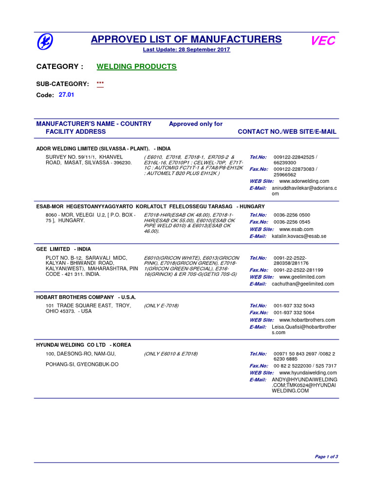 Approved Welding Manufacturers List | PDF