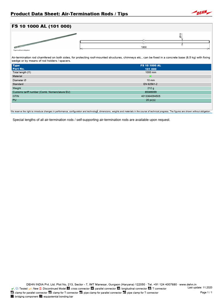 Product Data Sheet: Air-Termination Rods / Tips FS 10 1000 AL (101 000) | PDF | Manufactured Goods