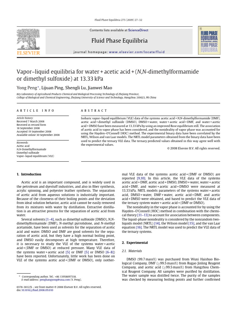 VLE of Acetic Acid with DMF and DMSO | PDF | Branches Of Thermodynamics ...