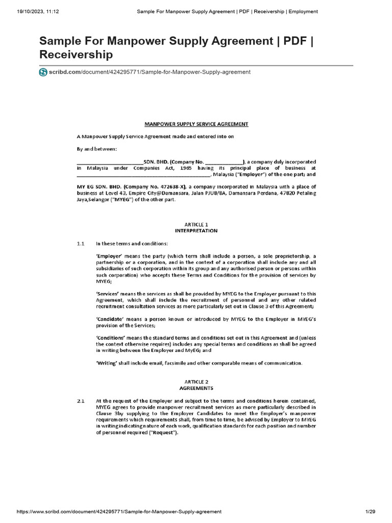 Sample For Manpower Supply Agreement - PDF - Receivership - Employment | PDF | Employment ...