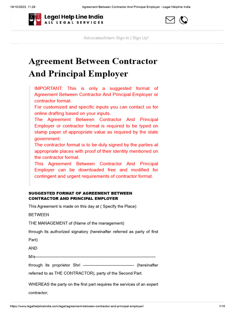 Contractor-Principal Employer Agreement | PDF | Employment | Payments