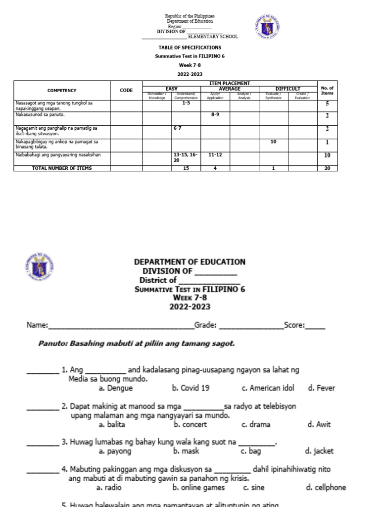 St4 Filipino 6 q1 | PDF