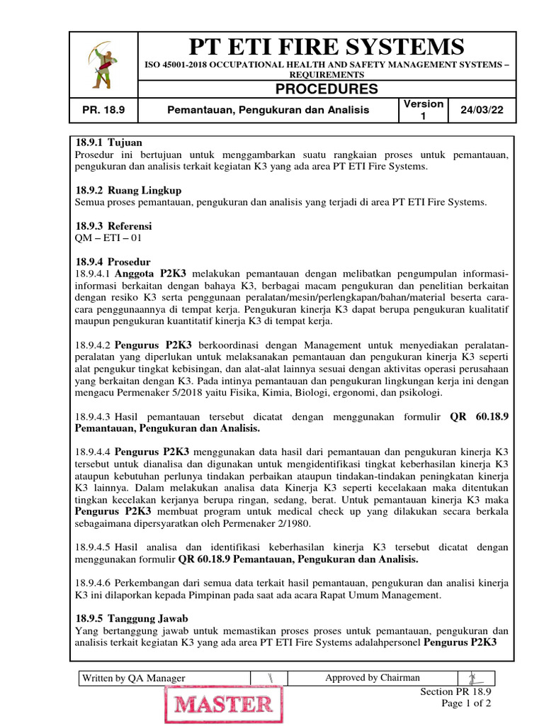 Quality Manual ETI 1 - PR 18.9 Pemantauan, Pengukuran Dan Analisis - ED24-03-22 | PDF