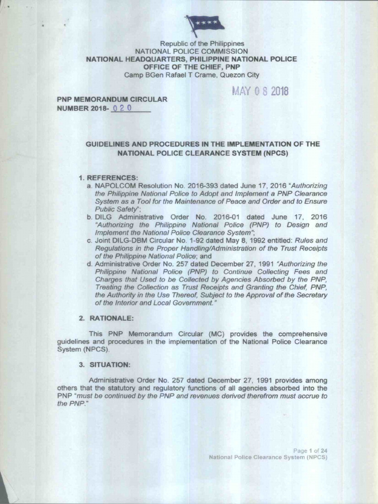 MC No 2018-020 National Police Clearance System NPCS | PDF