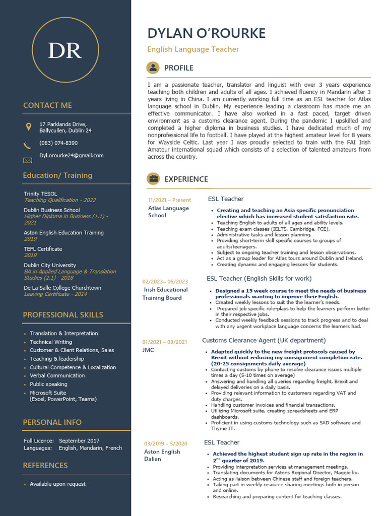 CV Dylan O'Rourke ESL PDF | PDF | English As A Second Or Foreign Language | Learning