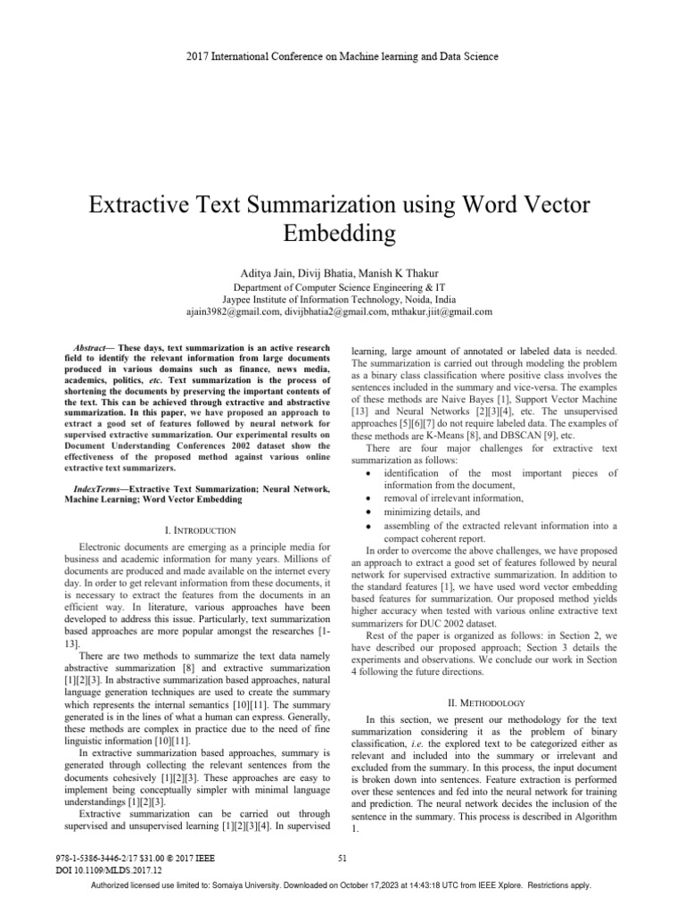 Extractive Text Summarization Using Word Vector Embedding | PDF | Information Science | Computing