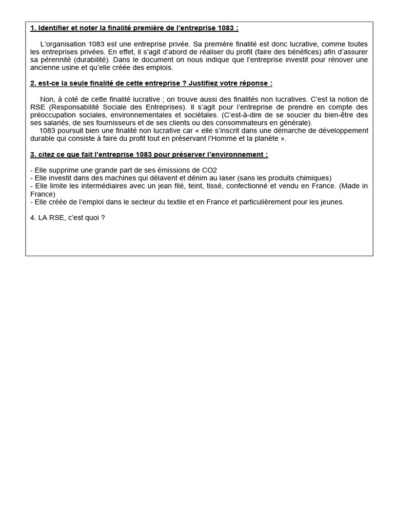 Finalités de l'entreprise 1083 et RSE | PDF