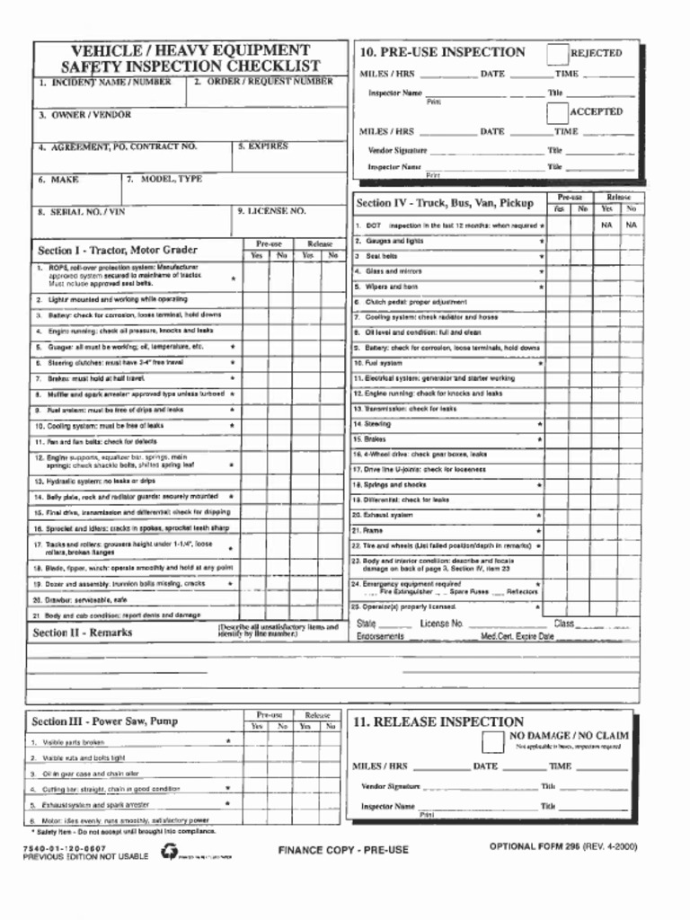 Heavy Equipment Safety Vehicle Inspection Checklist | PDF