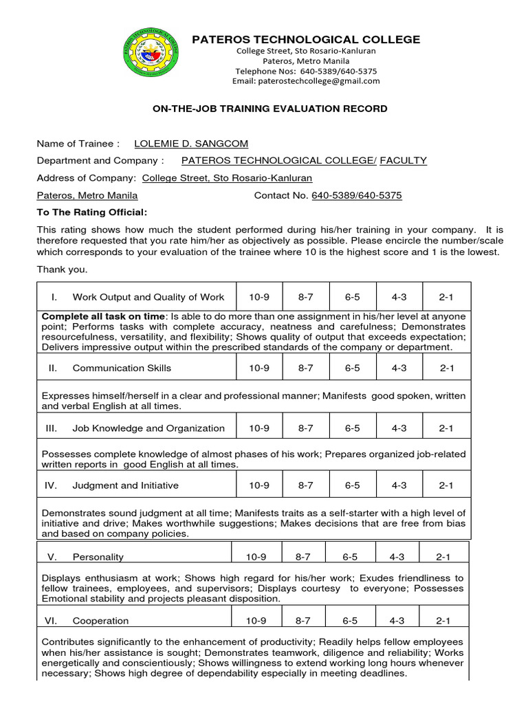 OJT EVAL FORM LOLEMIEpdf | PDF | Cognitive Psychology | Behavioural Sciences