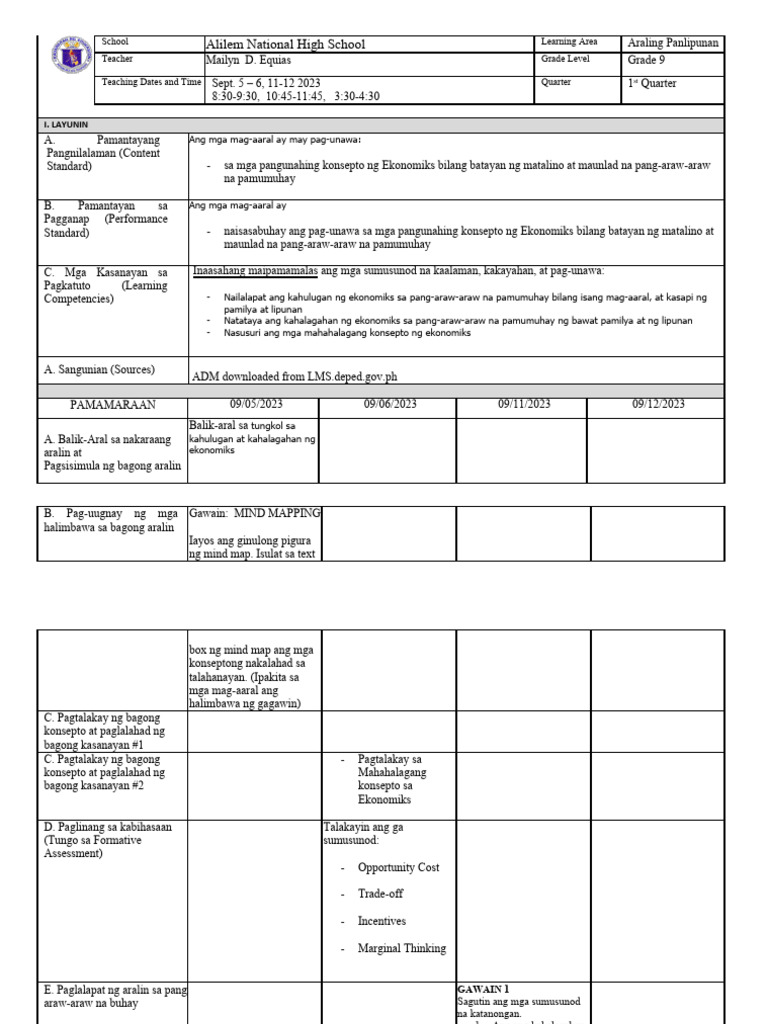 Alilem National High School: I. Layunin | PDF