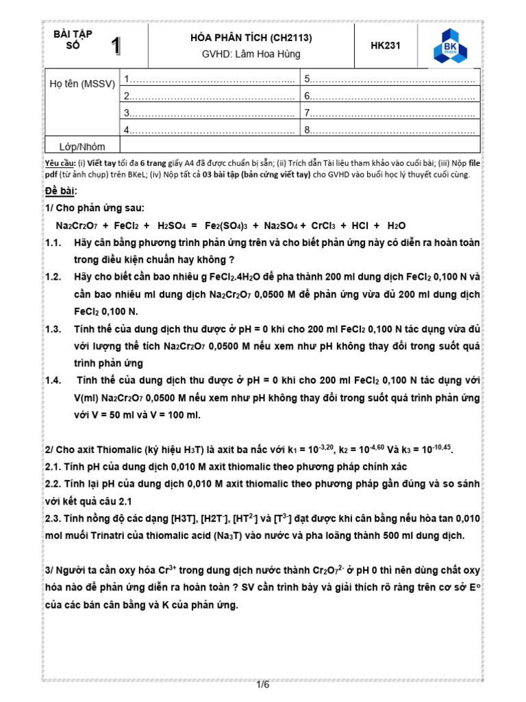 Bai Táº P Lá N Sá 1 CH2113 Hk231 Ver 2 | PDF