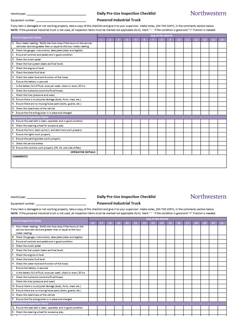 Daily Pre Use Inspection For Powered Industrial Trucks | PDF | Truck ...