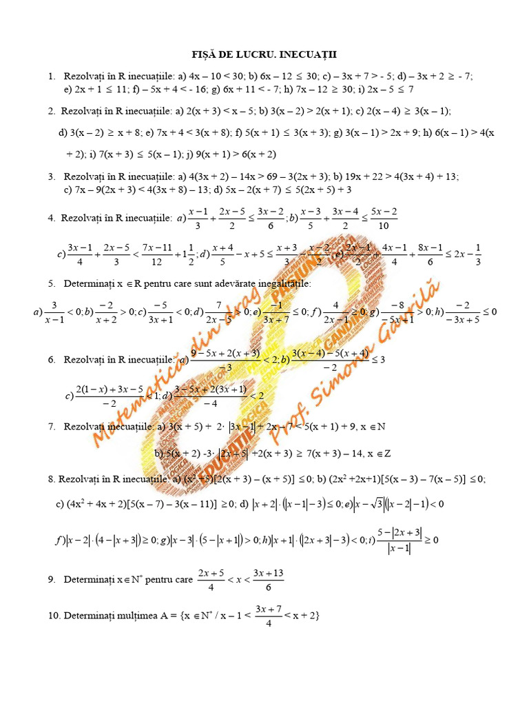 Fisa de Lucru Inecuatii de Gradul I", Prof. Simona Gavrila | PDF
