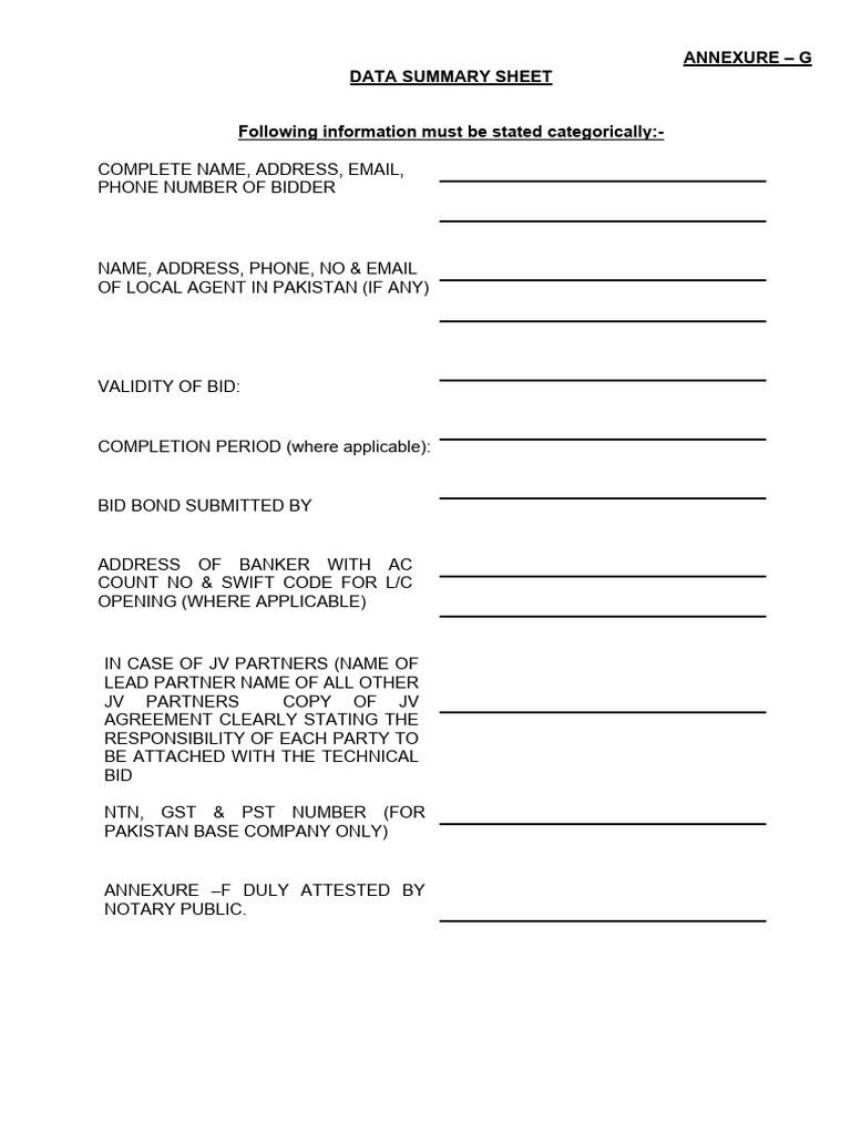 ANNEXURE-G Data Summary Sheet Services | PDF | Business | Finance ...