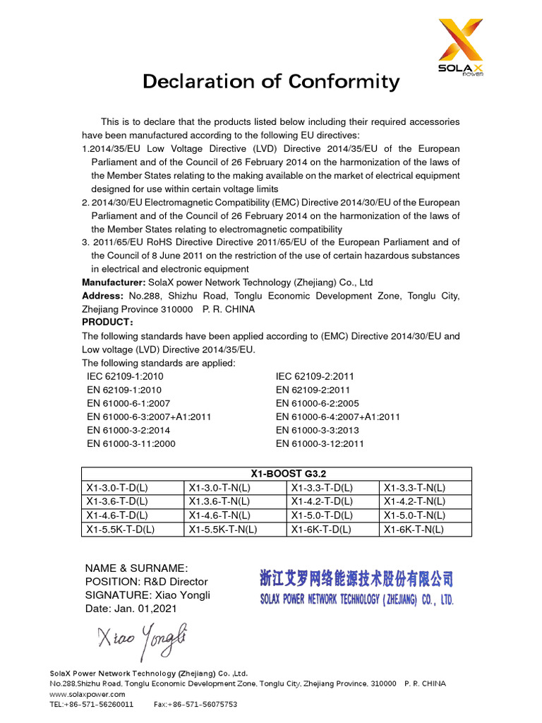 SolaX Power EU Compliance Declaration | PDF | Electromagnetic ...