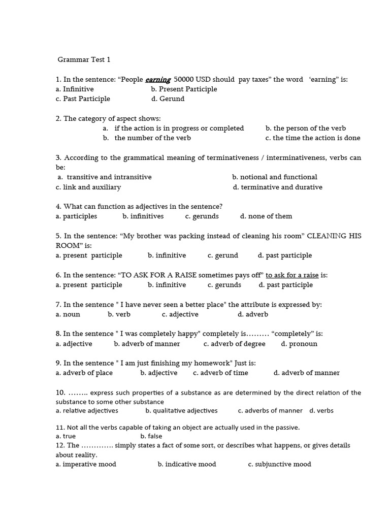 Grammar Test 1 | Download Free PDF | Verb | Grammatical Tense